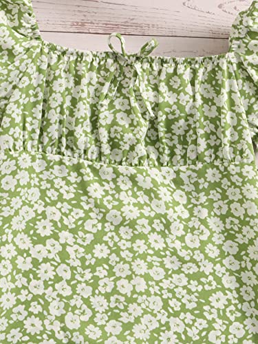 Verdusa Girl's Floral Print Puff Sleeve Square Neck Short A Line Dress Mint Green 10Y