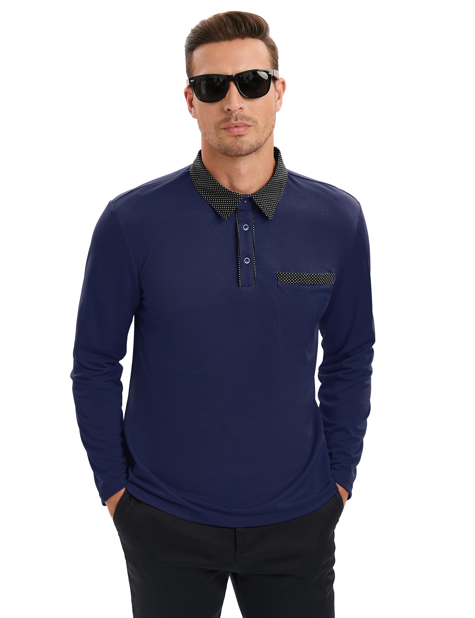 EliteSpirit Mens Long Sleeve Polo Shirts Casual Polka Dot Collared Golf Shirt with Pockets Navy Blue XL