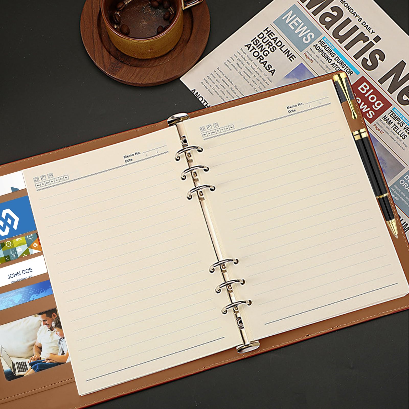 DSKPRTE Update A5 Refillable Leather Notebook for Writing 6-Ring Binder Leather Journal with Pen&Extra Black Ink Refill Lined Travel Journal for Men&Women Hardcover Notebook Daily Planner(Blue)