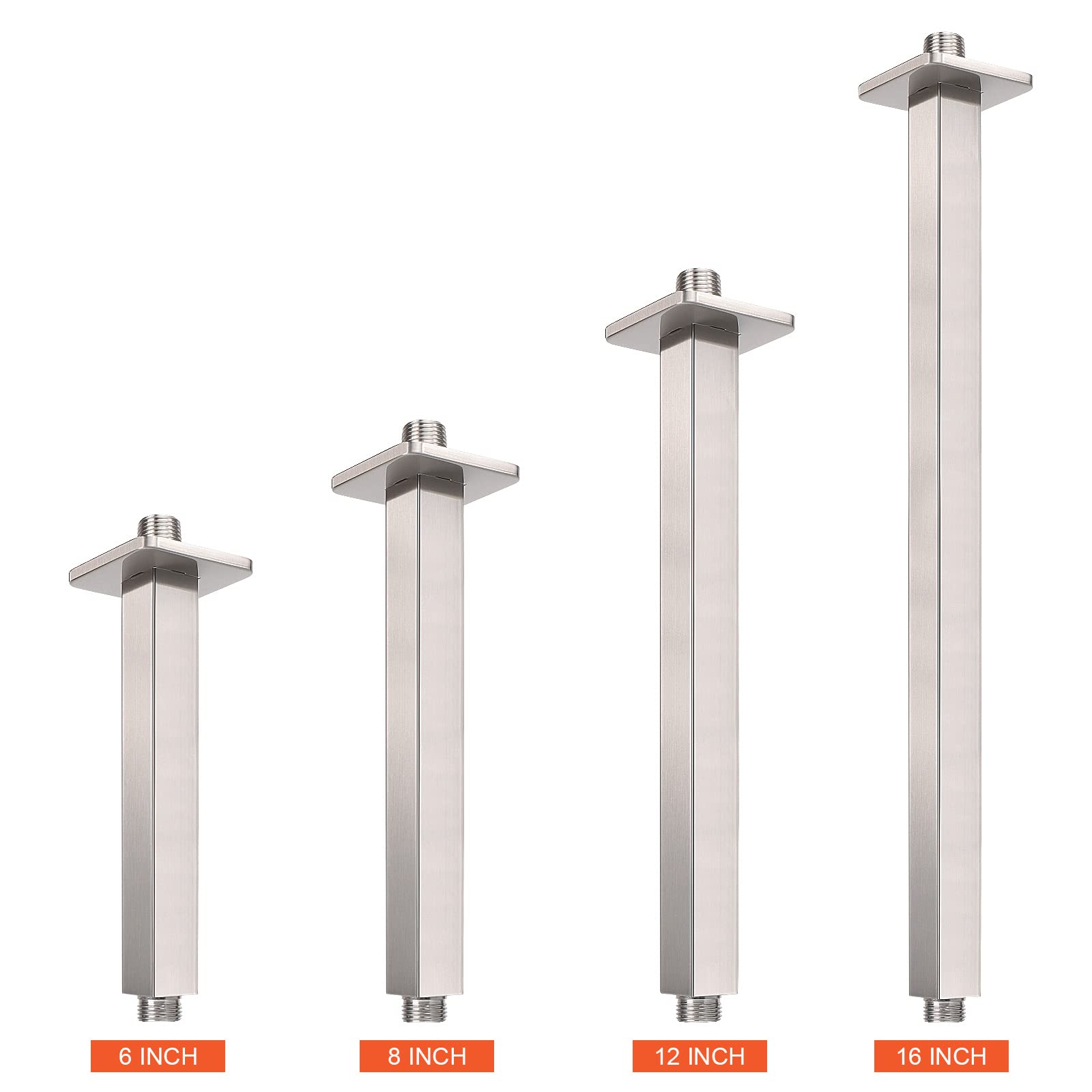 HarJue Ceiling Mounted Shower Arm, Rain Shower Head Square Extension Arm with Flange and Teflon Tape Stainless Steel Ceiling Mount Shower Extender for Fixed Shower Head (16 Inch, Brushed Nickel)