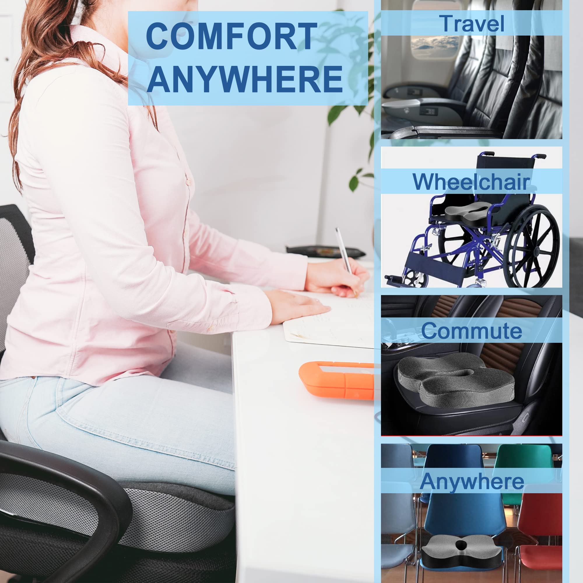 Elviros Chair Cushions, Adjustable Memory Foam Seat Cushion for Coccyx, Back, Tailbone, Sciatic Pain Relief, Non-Slip Chair Pads for Office, Car, Wheelchair, Gaming Chair (Black, Medium Soft)