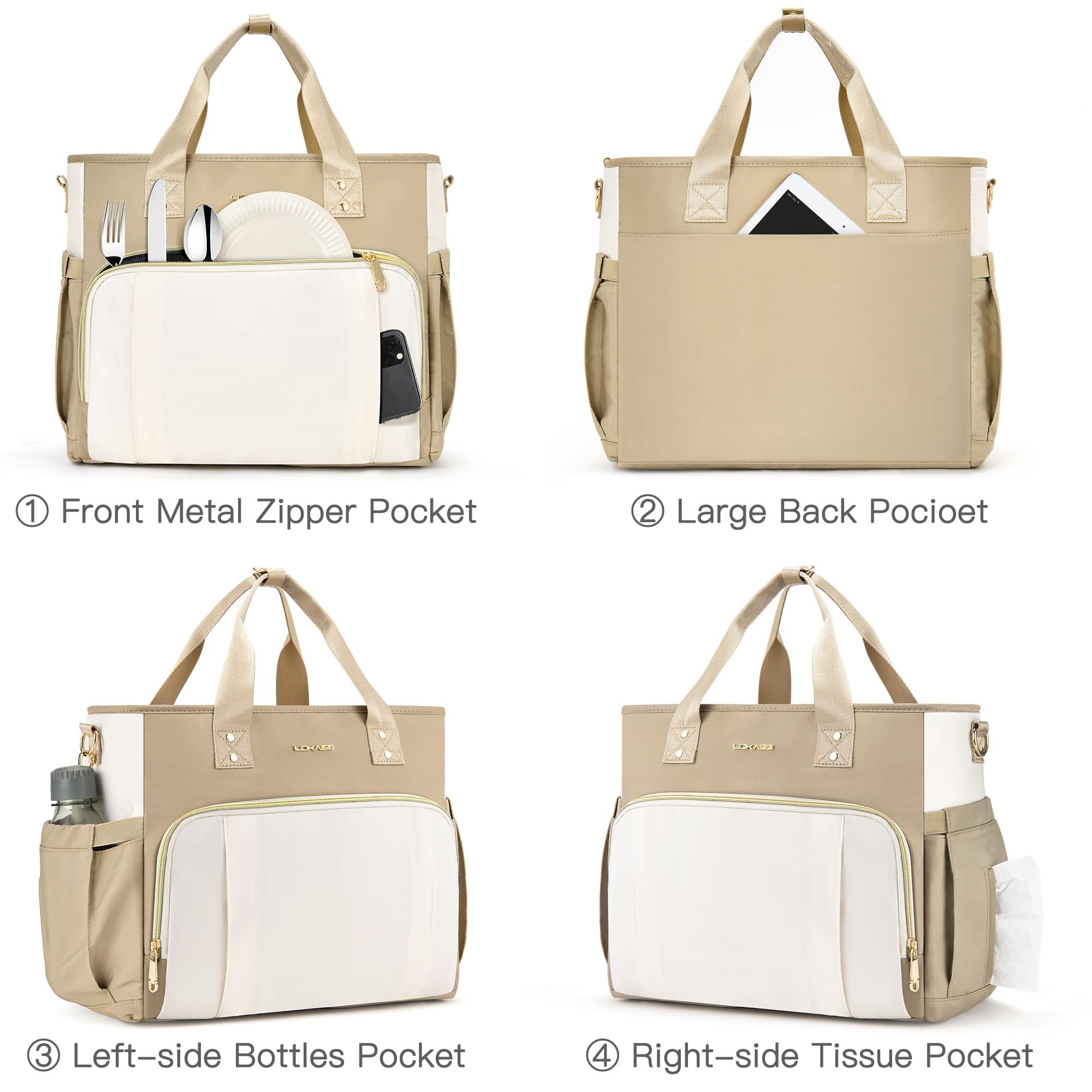 DTBG Lunch Bag Women - Stylish & Insulated Wetproof Lunch Tote Bag - Newest Gifts with Multi-Pockets, Removable Strap - Leakproof Reusable Lunch Box Ideal for Work, Picnics - Beige