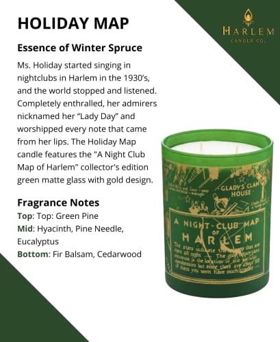 Harlem Candle Company Holiday Map Luxury Candle, 12 oz Green Glass Jar with Harlem Map Print, Double Wick, Soy Wax, Gift Box, Winter-Fresh Fir, Pine Needles and Mint-Infused Eucalyptus