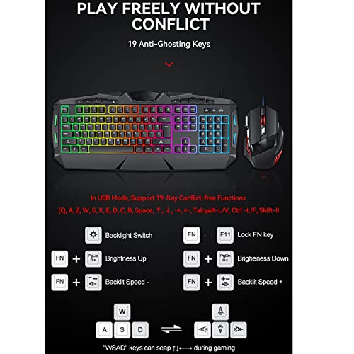 EXHNLE Gaming Keyboard and Mouse Combo Wired LED RGB Backlit, 104 Keys USB Ergonomic Keyboard, for PC Computer Gamer