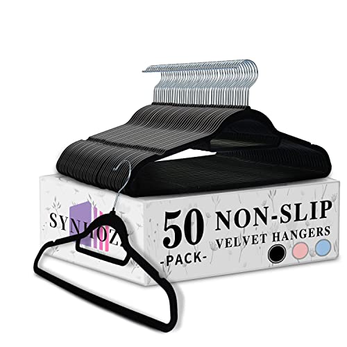 Synhozz Premium Black Velvet Hangers 50 Pack Non-Slip Clothes Hangers Ultra Slim & Space Saving - Heavy Duty Velvet Suit Hangers with Tie Bar