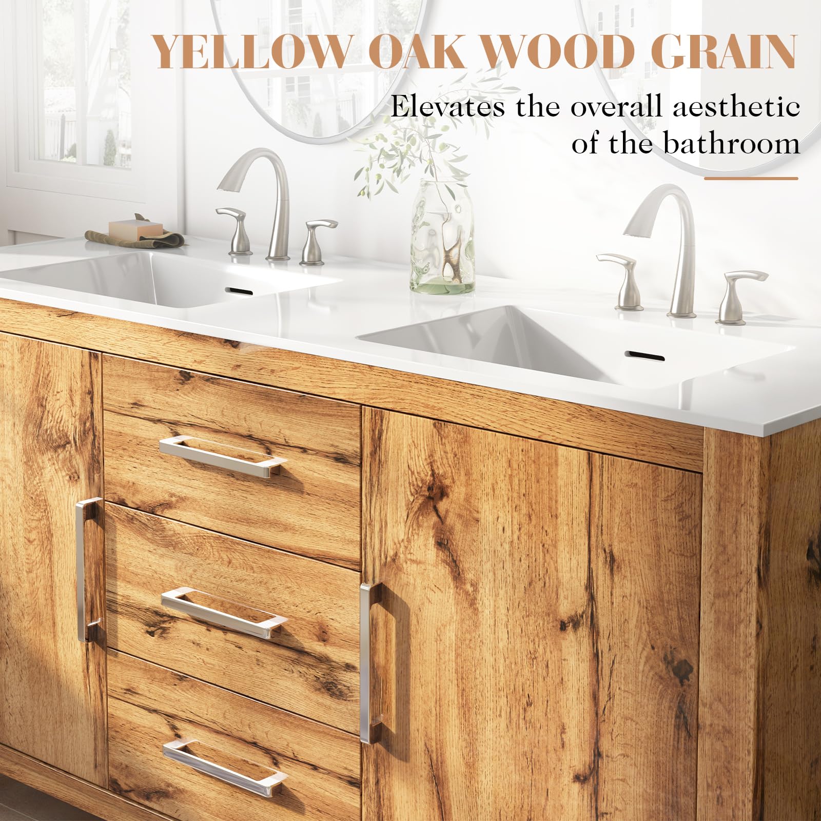 LUXOAK High Gloss 60" Bathroom Double Vanity with Sink, Wood Grains Bathroom Cabinet with Storage & Aluminum Handles & Soft Closing Doors, Retro, Yellow Oak