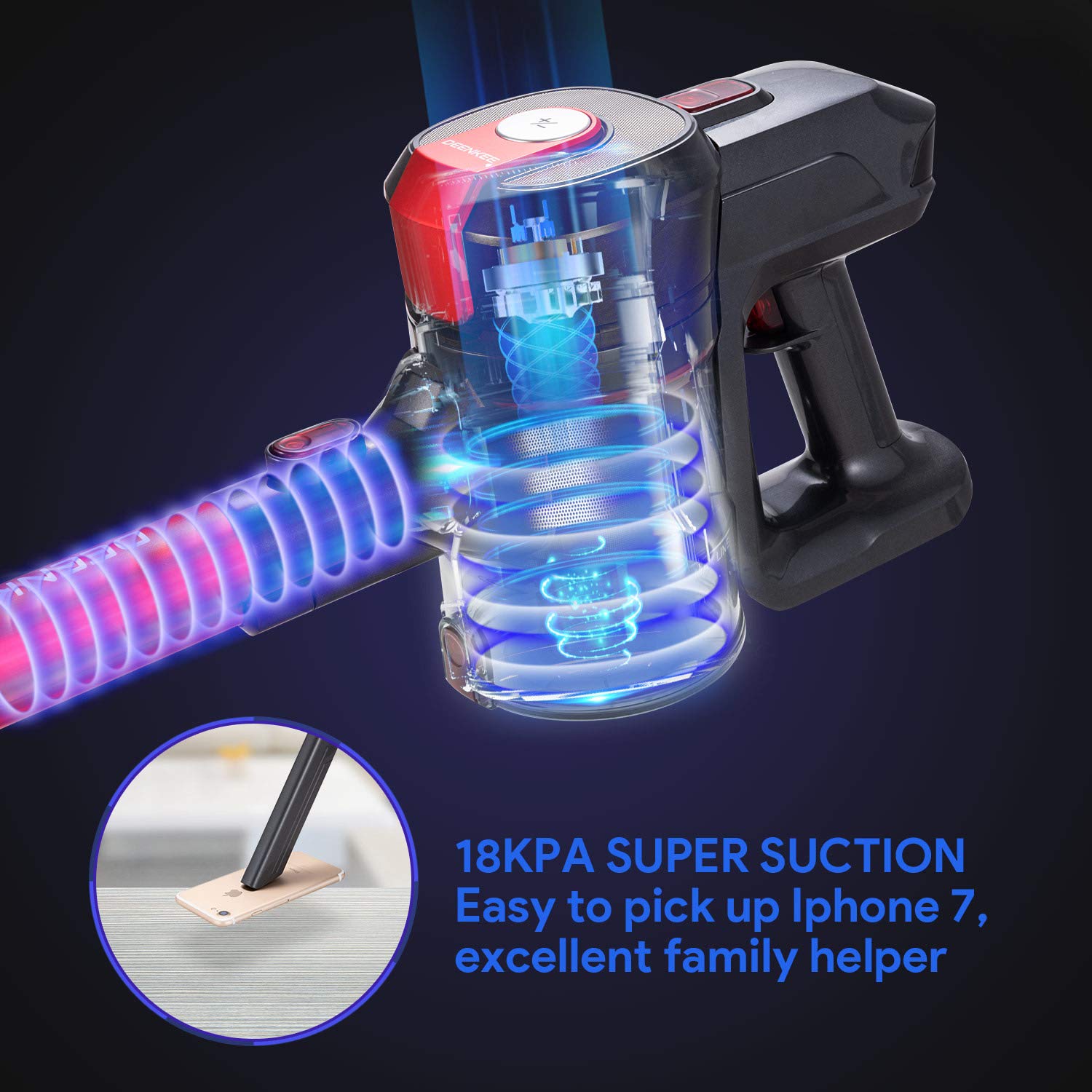 Deenkee 6 in 1 Cordless Stick Vacuum Cleaner, 250W 18Kpa Powerful Suction, 35Min Runtime & 2 Modes, Lightweight Stick Handheld Vacuum Cleaner (Red-B)