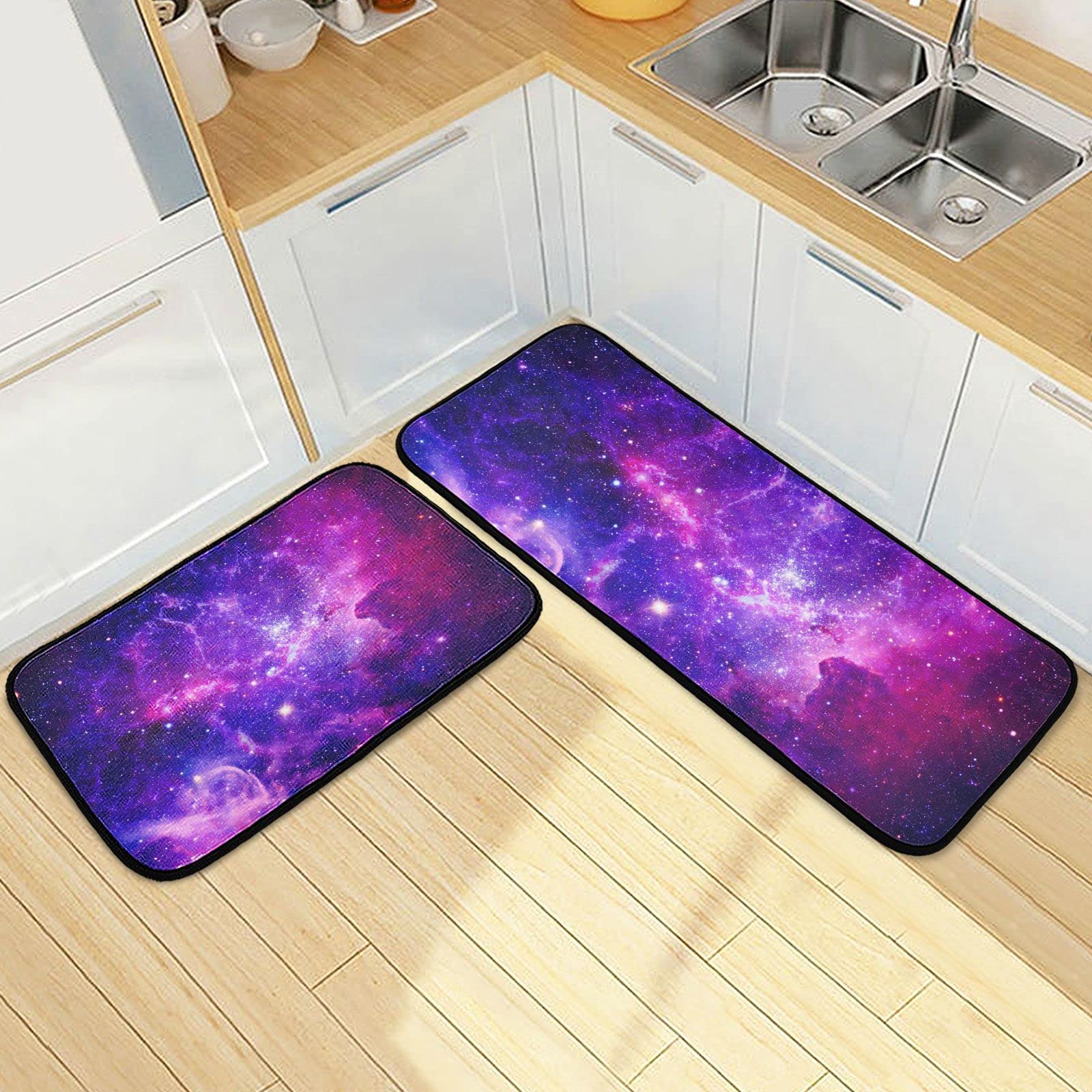 Galaxy Starry Sky Purple Kitchen Rugs and Mats 2 Pieces Anti Fatigue Kitchen Rug Set Non-Slip Bath Mat Entry Floor Carpet Entrance Door Mat Runner 20"x28"+20"x47"