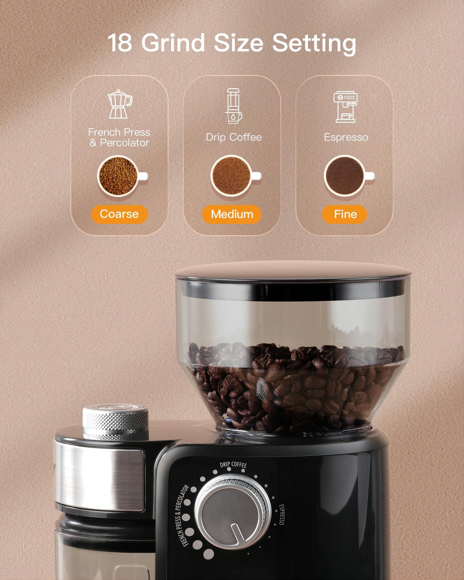 Electric Adjustable Mill Coffee Bean Grinder with 18 Grind Settings for Espresso, Drip and French Press, Black