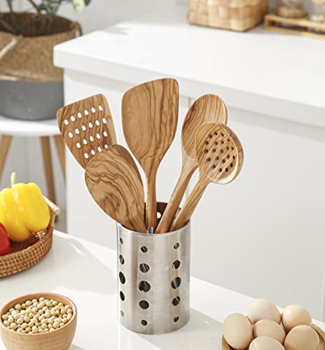 Olive Wooden Spoons for Cooking, NAYAHOSE 5 Pcs Cooking Utensils Set with Stainless Steel Handle, Heat-Resistant Olive Wood Spatulas for Non-Stick Pan