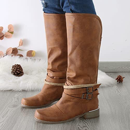 FASDNENDYS Boots for Women Ankle Booties Womens Shoes Square Toe Belt Buckle Back Zipper Chunky Heel Short Mud Boots Brown