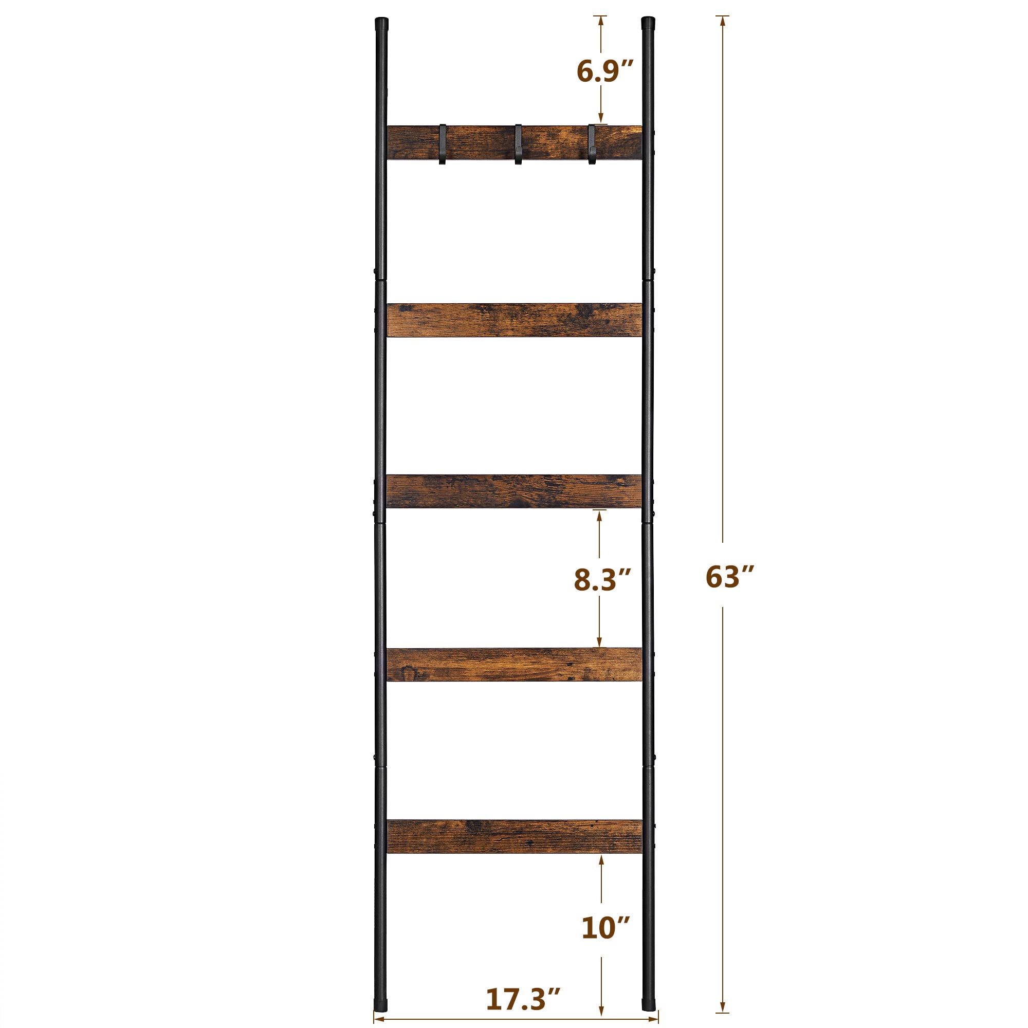 ELYKEN Blanket Ladder for Living Room, Farmhouse 5 -Tier Quilt Holder with 4 Removable Hooks for Bathroom, Wood Towel Rack Display, Wall Anchor Leaning Decorative Stand for Home Decor, Rustic Brown