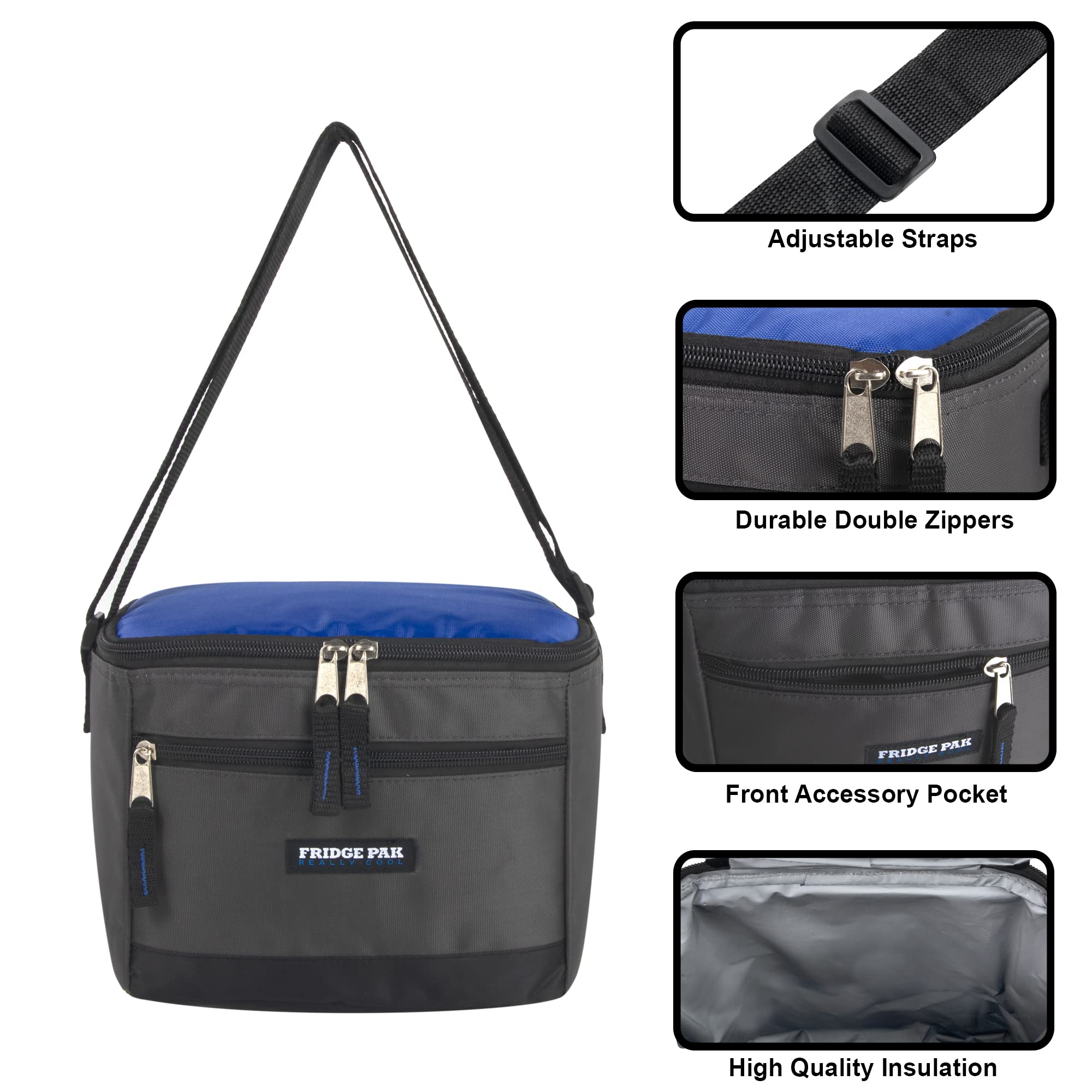 Fridge Pak 6 Can Cooler Bags Insulated Soft Cooler Lunch Bag for Men, Waterproof Leak Proof Cooler Bags, Blue on Grey