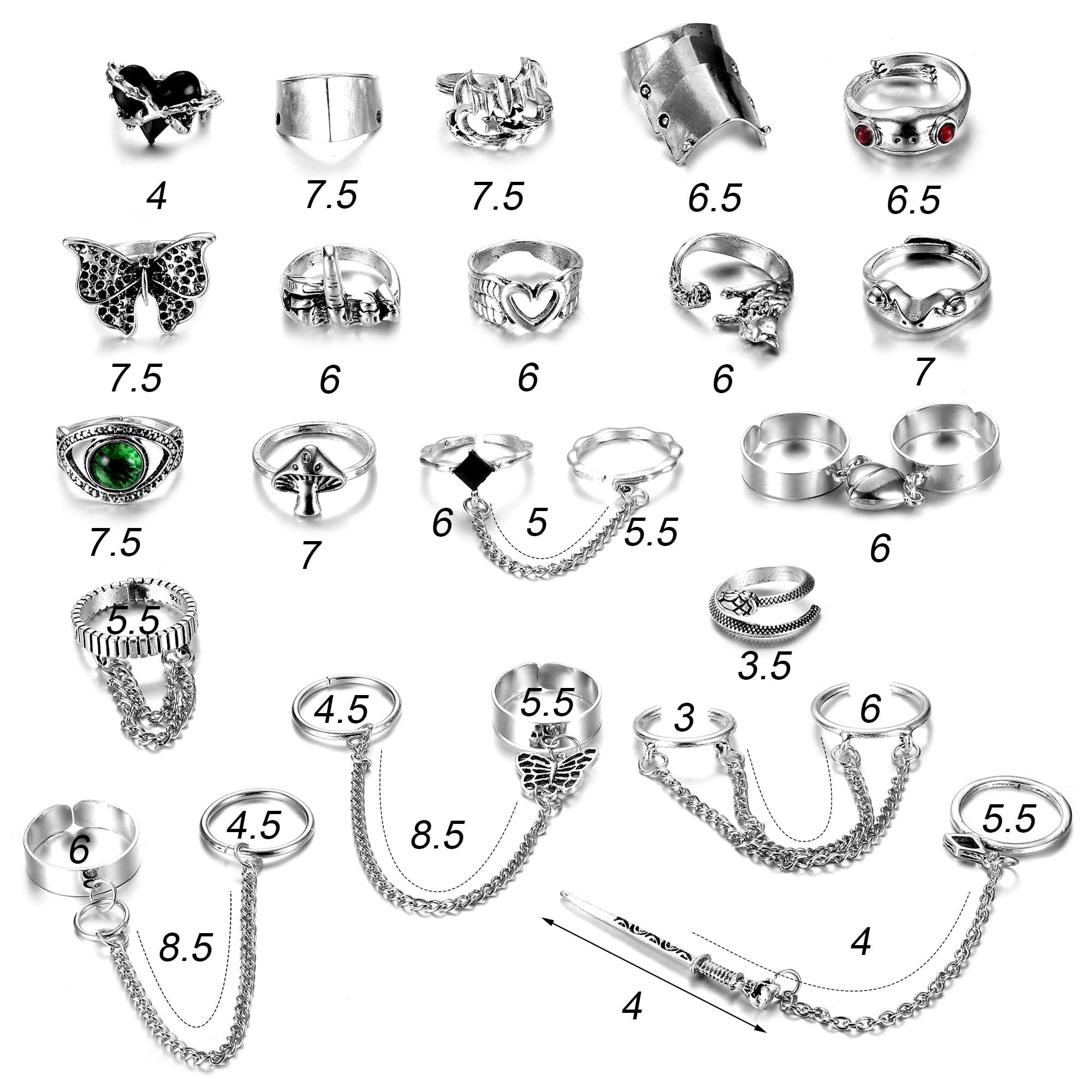 FIBO STEEL 20 Pcs Vintage Silver Punk Rings Gothic Chain Finger Ring Cool Full Finger Rings Set Goth Snake Butterfly Open Stacking Rings Adjustable Halloween Vampire Cosplay Party Accessory frog