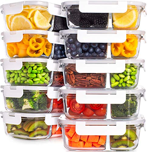 PrepNaturals Glass Meal Prep Containers Glass Food Storage Containers with Lids - 2 Compartment Glass Lunch Containers (10 Pack) Glass Storage Containers with Lids Glass Containers for Food Storage