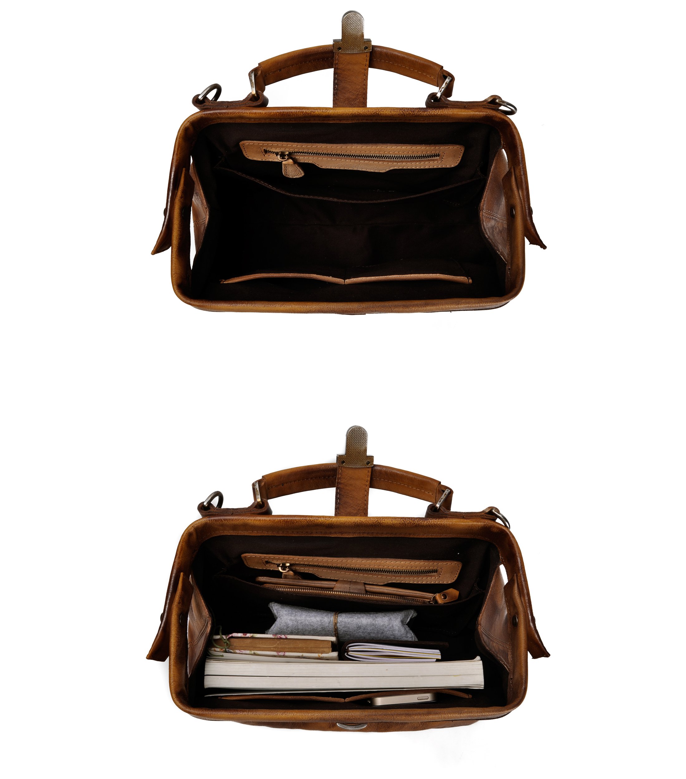 ZLYC Women Retro Vintage Genuine Leather Doctor Top Handle Cross Body Bag, Brown