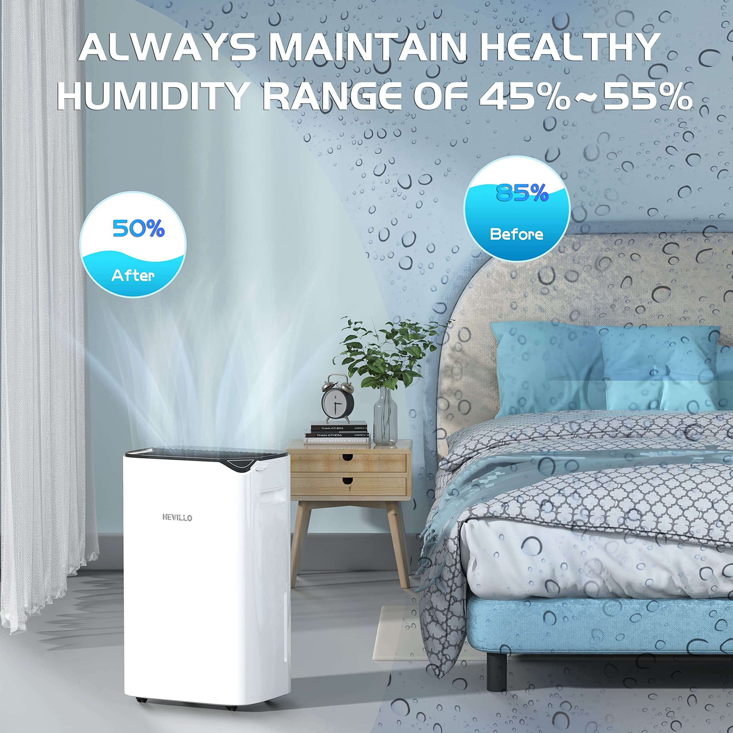 Dehumidifier 2000 Sq. Ft HEVILLO 40 Pint Dehumidifiers for Home Basements, with Continuous Drain Hose for Medium to Large Room, 0.66 Gallon Water Tank Capacity, Intelligent Humidity Control