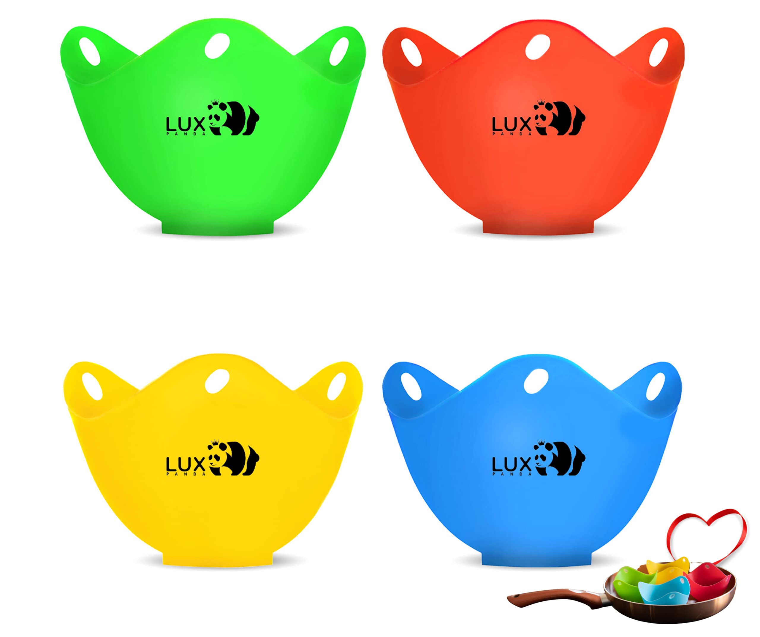 LuxPanda Egg Poacher for Poached Eggs–Premium Silicone, Microwave or Stovetop, Egg Benedict, poach pods, Bags, BPA Free, Non-Stick, 4 Colours, with Build in Ring, Egg Boiler, Oil Brush