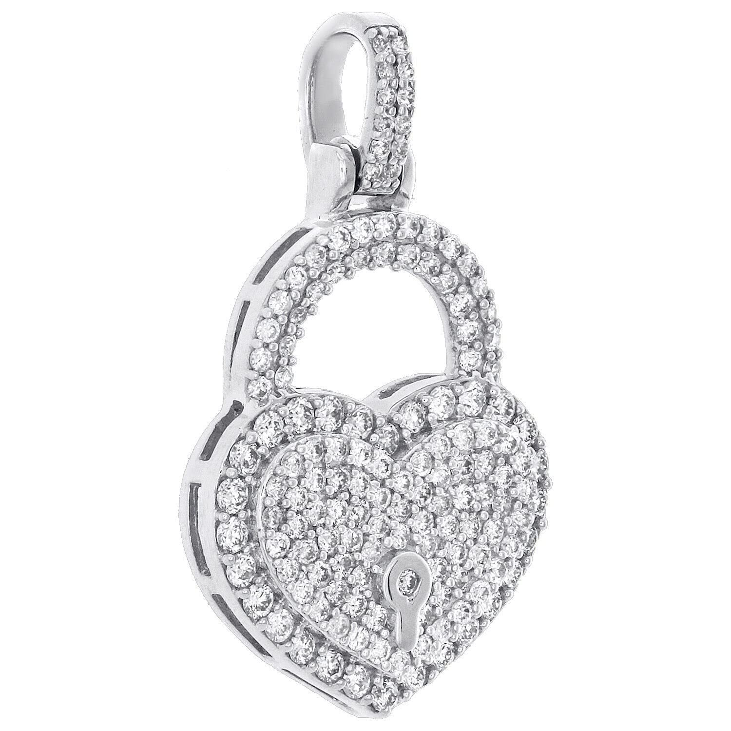 DTJEWELSS 10K White Gold Finish Round Cut Diamond Heart & Lock Pendant 1.20" Statement Charm 1.50 CT.