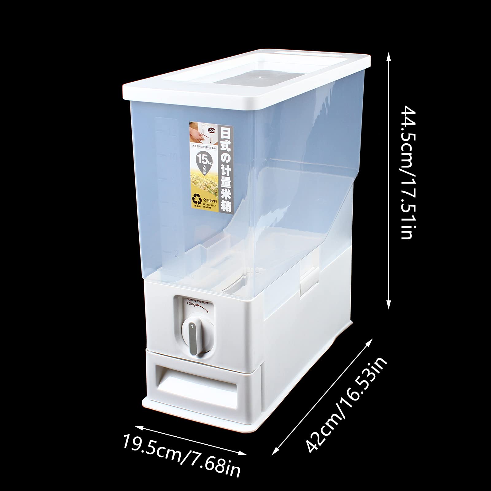 Fetcoi Rice Dispenser Container, 33 Lbs Cereal Storage Container Bin with Lid, Measurable Dispenser Sealed Storage Box Dry Food Dispensers for Rice Flour Bean Grain, White