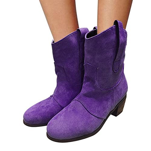 FASDNENDYS Casual Shoes Retro Style Boots Comfortable Roman Ankle Boots Leather Boots for Women with Heels Purple