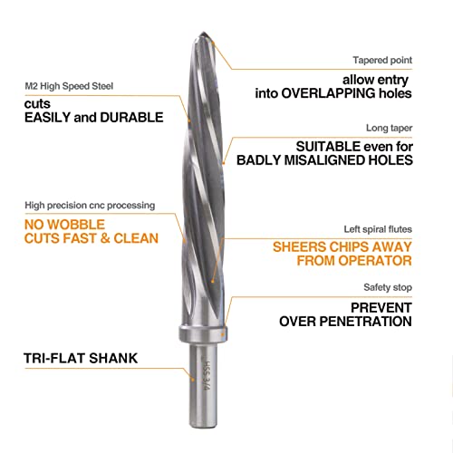 Jerax tools M2 HSS Taper Chucking Reamer 4pcs Set, 3/8", 1/2", 5/8", 3/4", Fit 3/8" or 1/2" Shank Chuck, Spiral Flute, Bridge/Construction Reamer for Steel, Alloy, Aluminum, Wood, Plastic