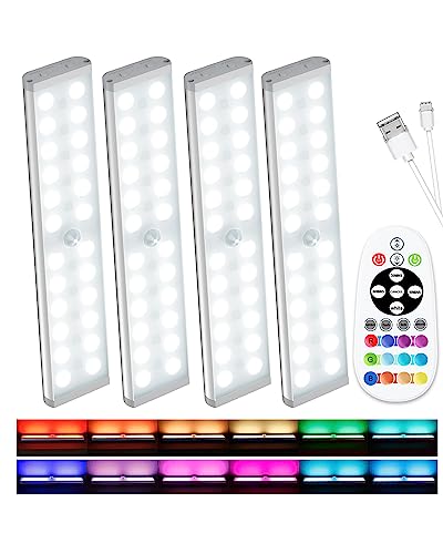 SZOKLED 58-LED Under Cabinet Lights, RGB Motion Sensor Indoor Night Lights with Wireless Remote, Rechargeable Under Cabinet Lighting, Counter Lights for Kitchen, Closet, Stair, 15 Color (4 Packs)