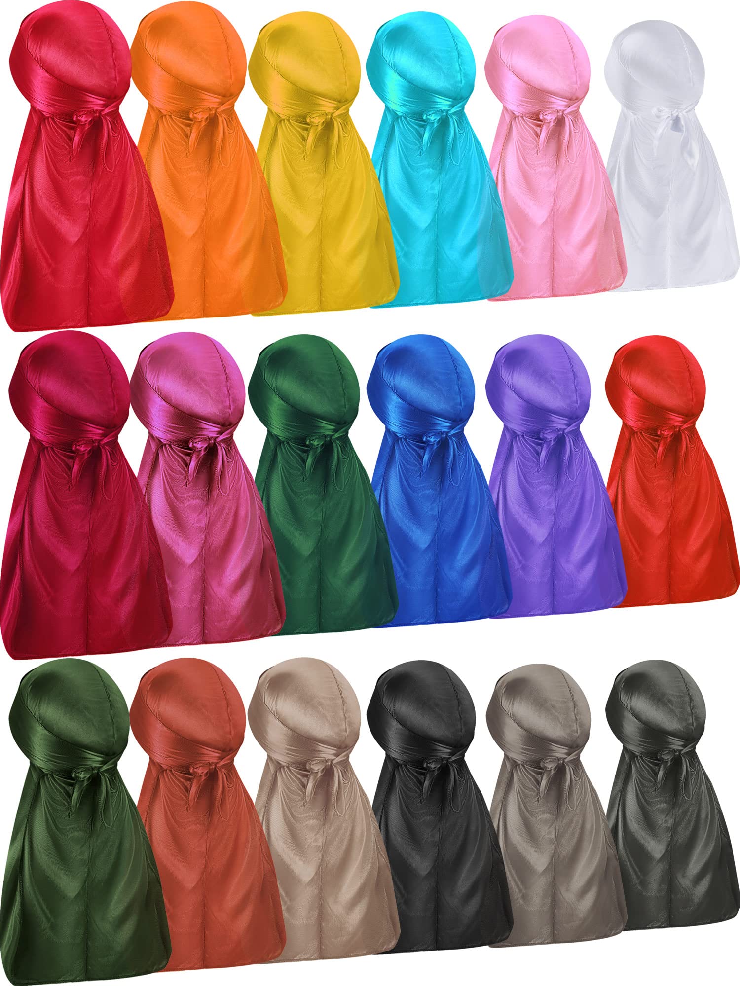 Geyoga 18 Pieces Silky Durags Long Tail Headwrap Durag Wide Strap Satin Durag Cap for Men and Women (Assorted Color)