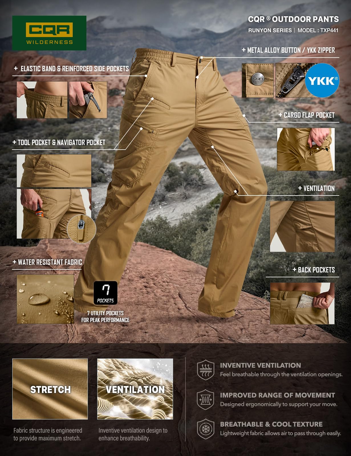 CQR Men's Quick Dry Tactical Pants, Water Resistant Outdoor Pants, Lightweight Stretch Cargo Work Hiking Pants, Driflex Cargo Charcoal, 36W x 30L