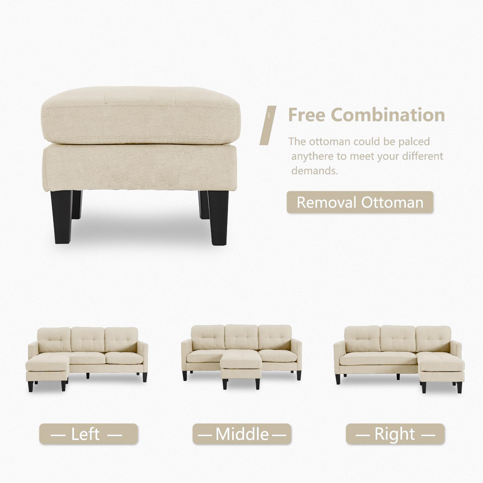 LETATA Convertible Sectional Sofa Couch with Chaise, Black L Shaped Couch Sofa Set with Reversible Ottoman, Modern Small Sectional Couches for Living Room,Apartment,Small Spaces (Beige)