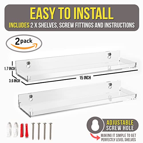 Pretty Display Acrylic Bathroom Shelves [2 Pack] Wall Mounted 15" Shelf Set - Crystal Clear Floating Shelves, Easy to Wall Mount, Rust-Proof & Maintenance-Free