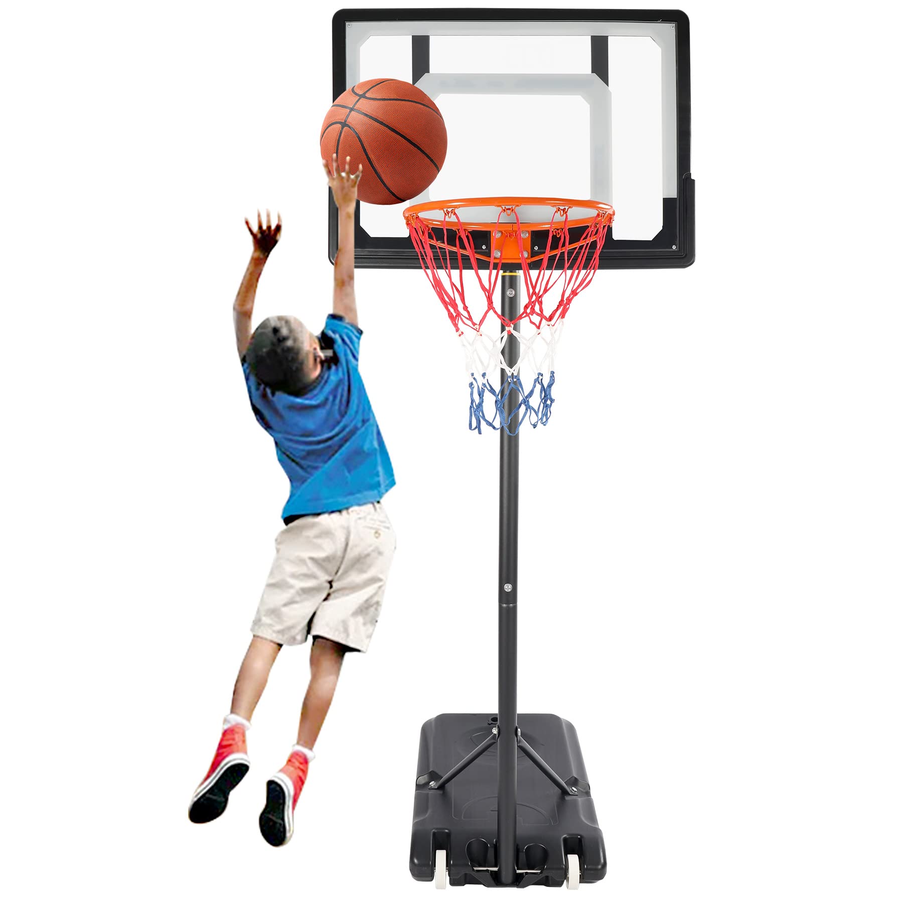 Domaker Adjustable Basketball Hoop Stand Outdoor, 5-7 FT Height Basketball Portable Goal System with Backboard & Wheels, Fillable Base, Easy to Assemble, Black & White