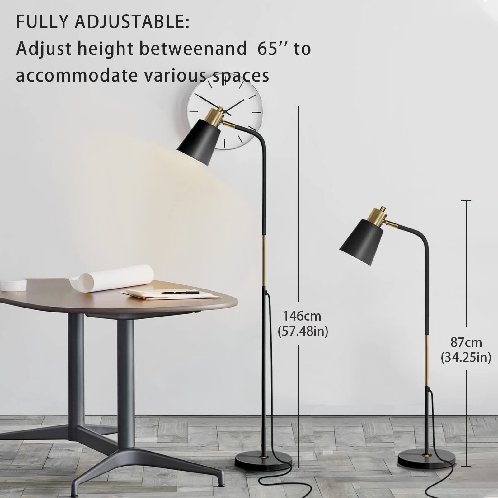 Floor Lamp, Industrial Floor Lamp Height Adjustable 360°Rotation Lampshade Modern Standing Lamp, Floor Lamps for Living Room, Office, Bedroom Reading, Work etc (Black)