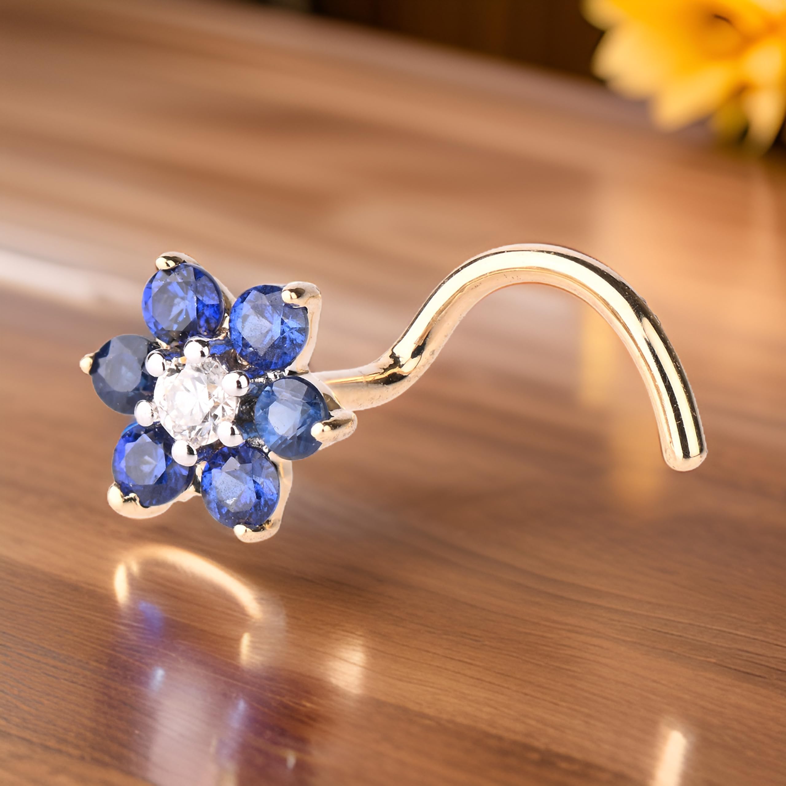 Demira Jewels 14K Yellow Gold Nose Piercing Wire Setting Stud with Real Diamond and Natural Blue Sapphire Flower β Elegant Wedding Nose Ring, Stunning Bridal Nose Jewelry.