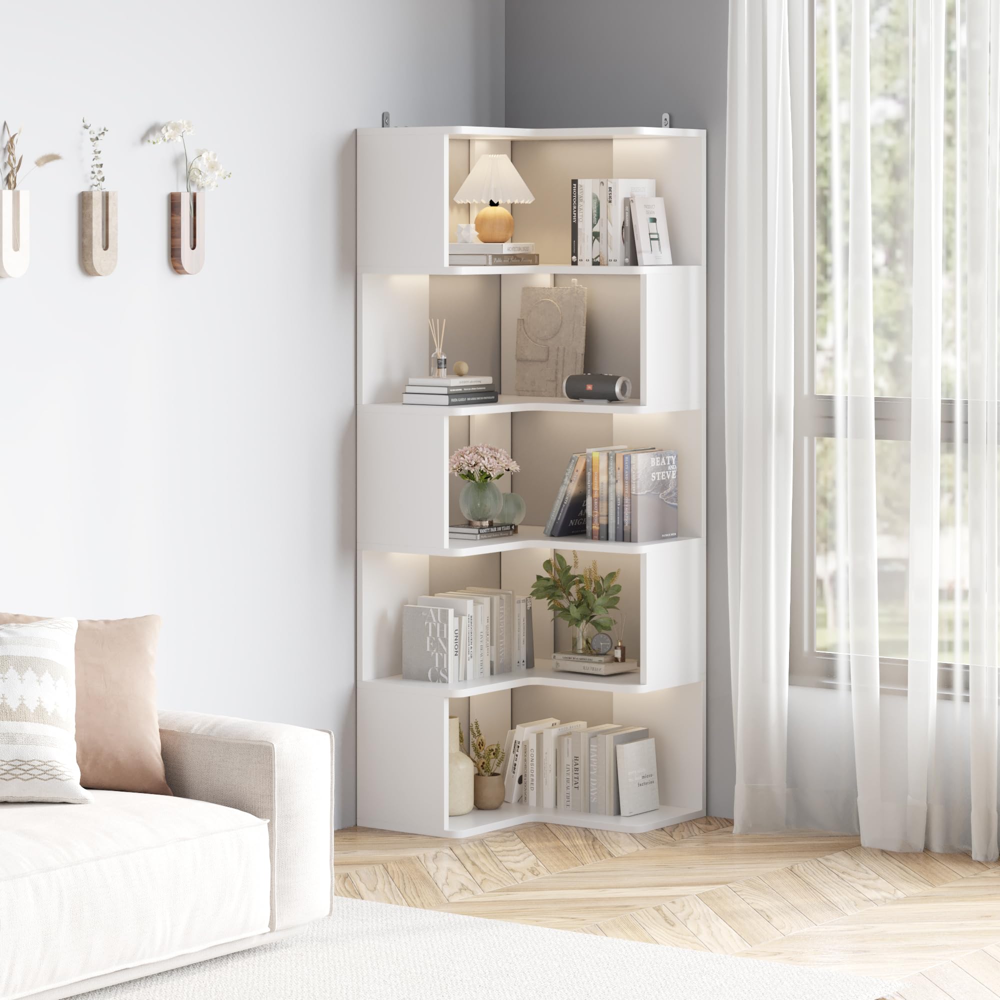 Karl home Corner Rack,64.96" Bookshelf with Anti-Drop Panel,Modern Shelf Display Rack Storage,Wooden Open Display Shelving Storage Rack,for Bedroom,Living Room,Small Space,Home Office,Bar,White