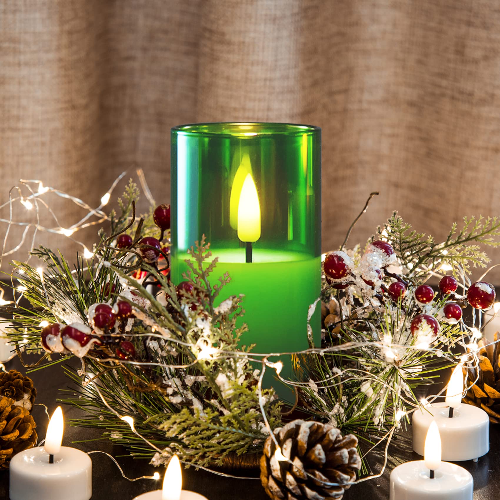 Girimax Green Glass Flameless Candles with Remote, Flickering LED Votive Pillar Candles Battery Operated Slim Tall Candles Φ 2" H 3" 4" 5" 6" 7"