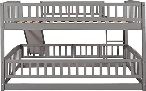 Harper & Bright Designs Low Bunk Beds Full Over Full, Wood Kids Bunk Bed with Slide, Fence and Ladder, Full Size Bunk Beds for Girls Boys, Grey