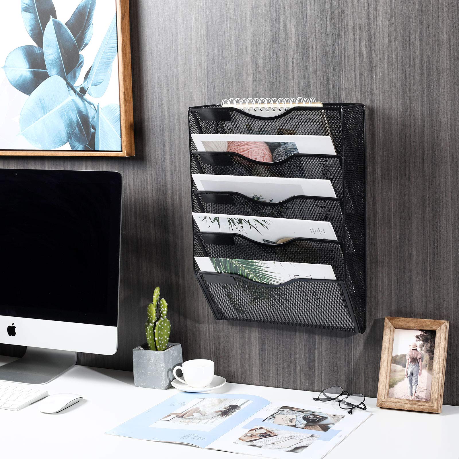 EasyPAG File Organizer Mesh 5 Pockets Large Capacity Wall Hanging File Organizer Vertical Holder Rack for Office Home ,Black