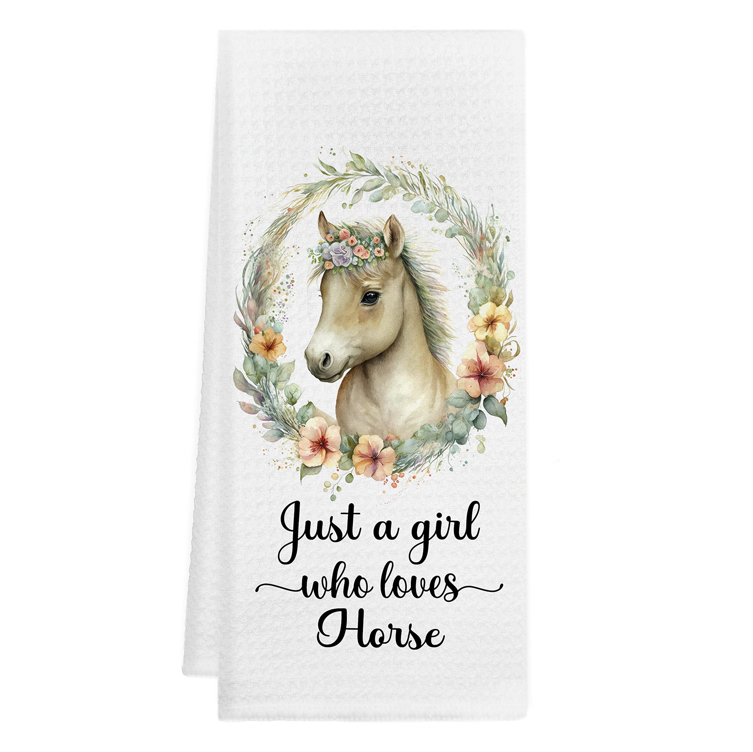 GICHUGI Just A Girl Who Loves Horse Kitchen Towels and Dishcloths,Floral Horse Wreath Decorative Dish Towels Hand Towels Tea Towels,Horse Towel Decor for Bathroom Kitchen,Gift for Horse Lovers Girls