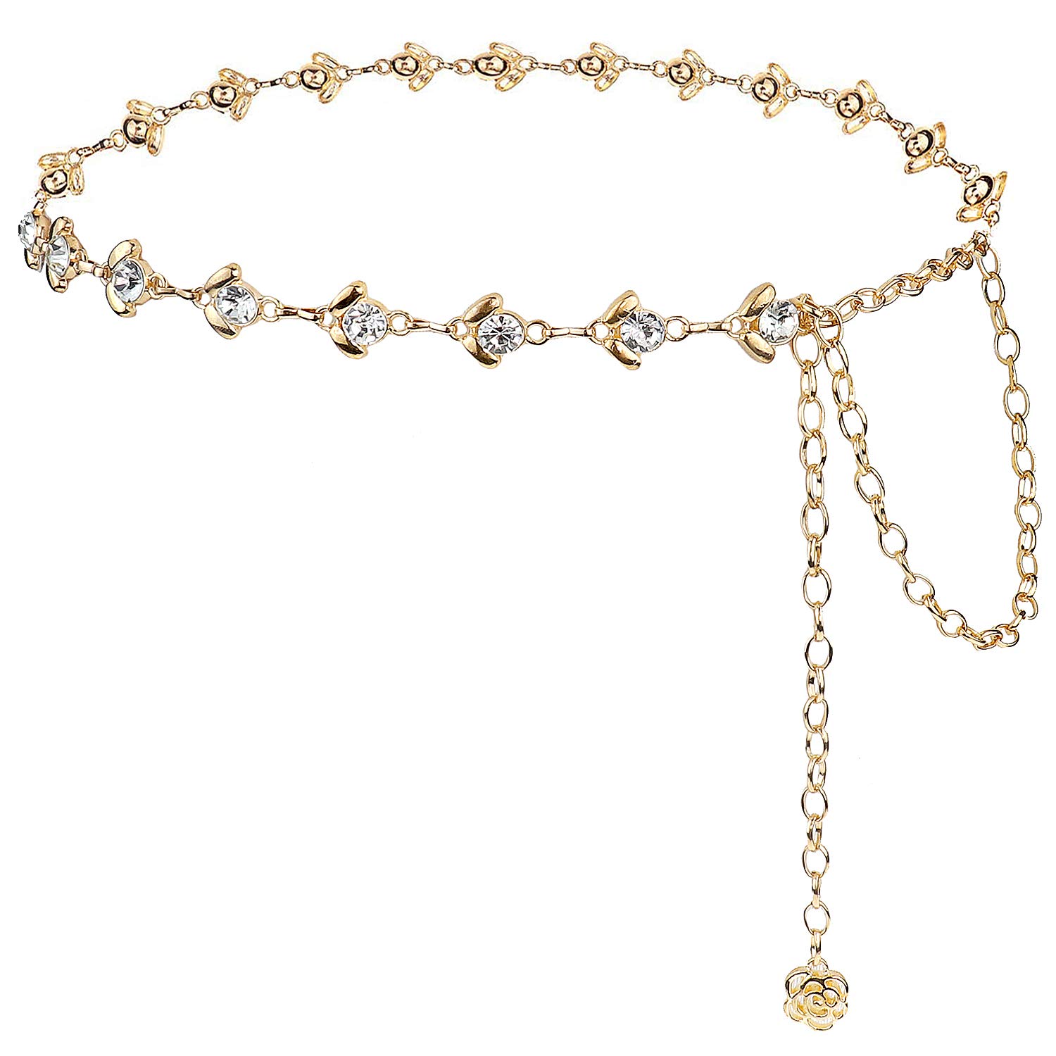 DTWAWA Chain Belts for Women, Adjustable Rhinestone Waist Chain for Dress (Gold-120Centimeters)