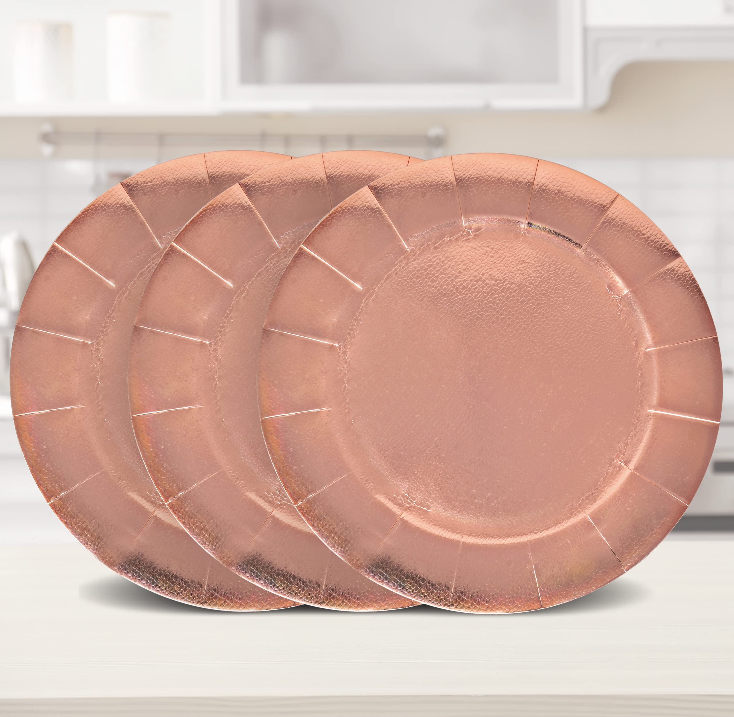 Gift Boutique 24 Disposable Rose Gold Round Charger Plates 13" Dinner Table Serving Tray Heavy Duty Reusable Paper Cardboard Platters for Table Setting, Place Mats Dessert Weddings Food Safe