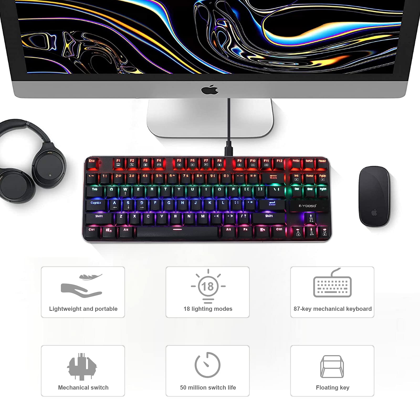 E-YOOSO Mechanical Keyboard LED Backlit Gaming Keyboard with Blue Switches, Compact 87 Key Ultra Slim Wired Keyboard for Desktop/PC/Laptop/Mac/Smart TV and Windows 10/8/ 7 (Blue Switch)
