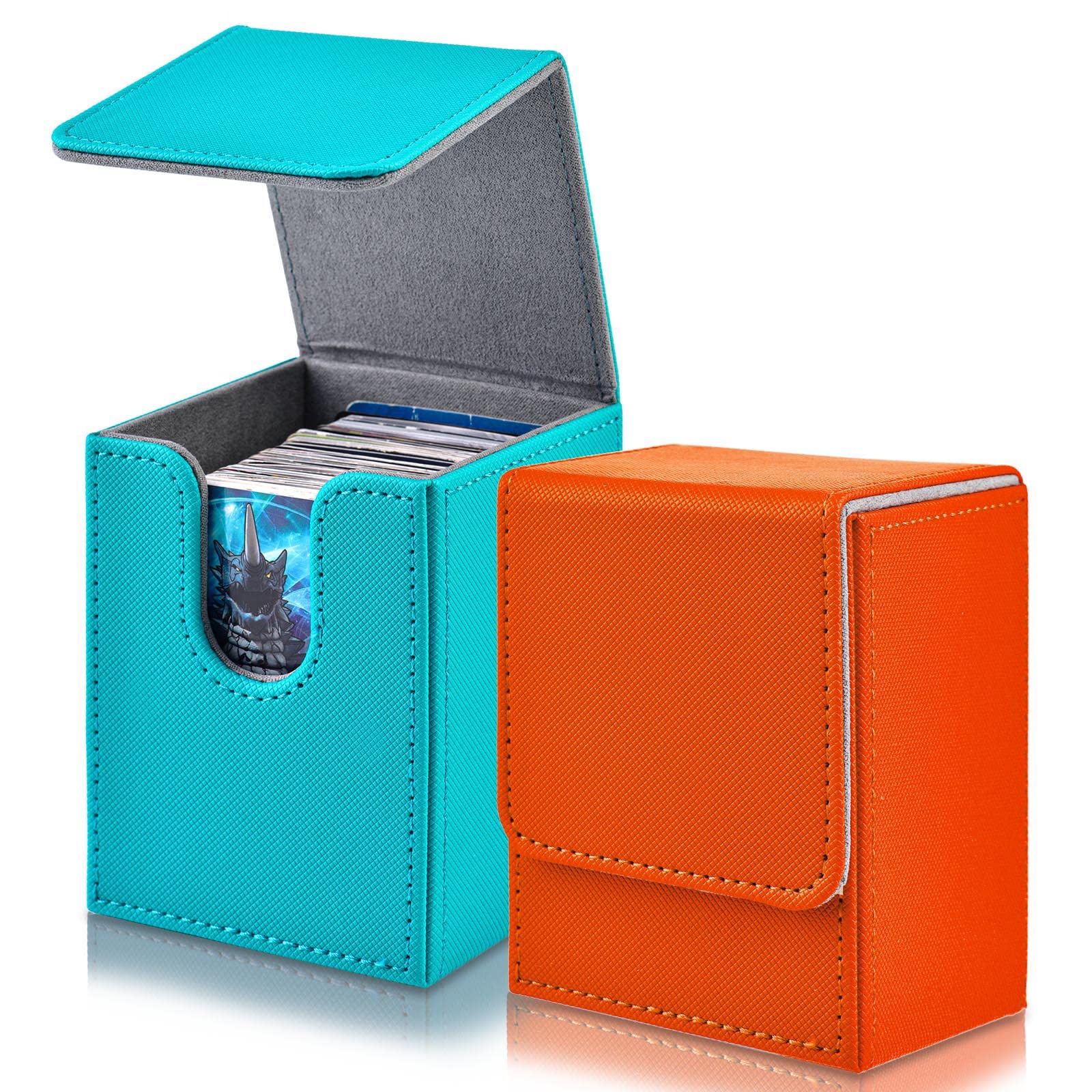 FCSELFLESS 2 Boxes Leather Card Deck Box with 2 Dividers Large Size Fit 100+ Plus Single Sleeved MTG Deck Box for Collectible Cards Deck Compatible CCG,TCG(Orange&Teal, Vertical)