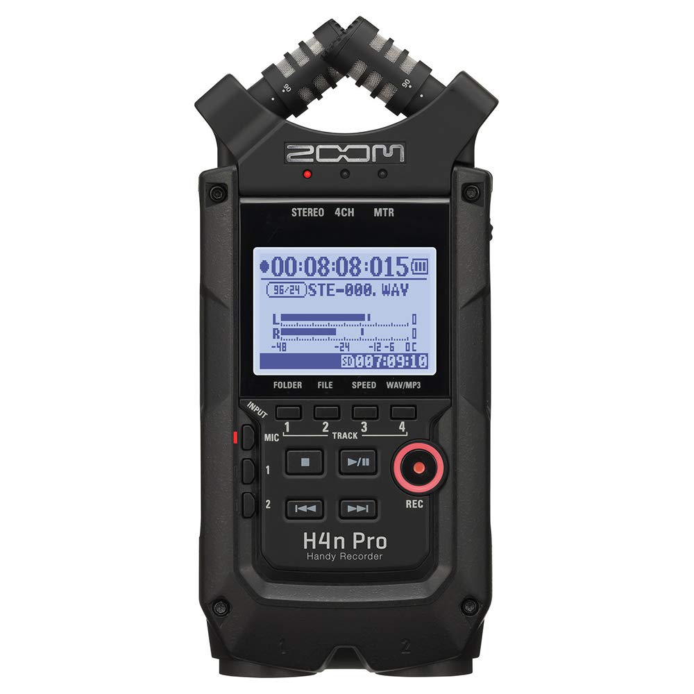 Zoom H4n Pro All Black 4-Track Portable Recorder (2020 Model) with Windscreen, Mic Attenuator Cable, 16GB Memory Card & Remote Control Bundle
