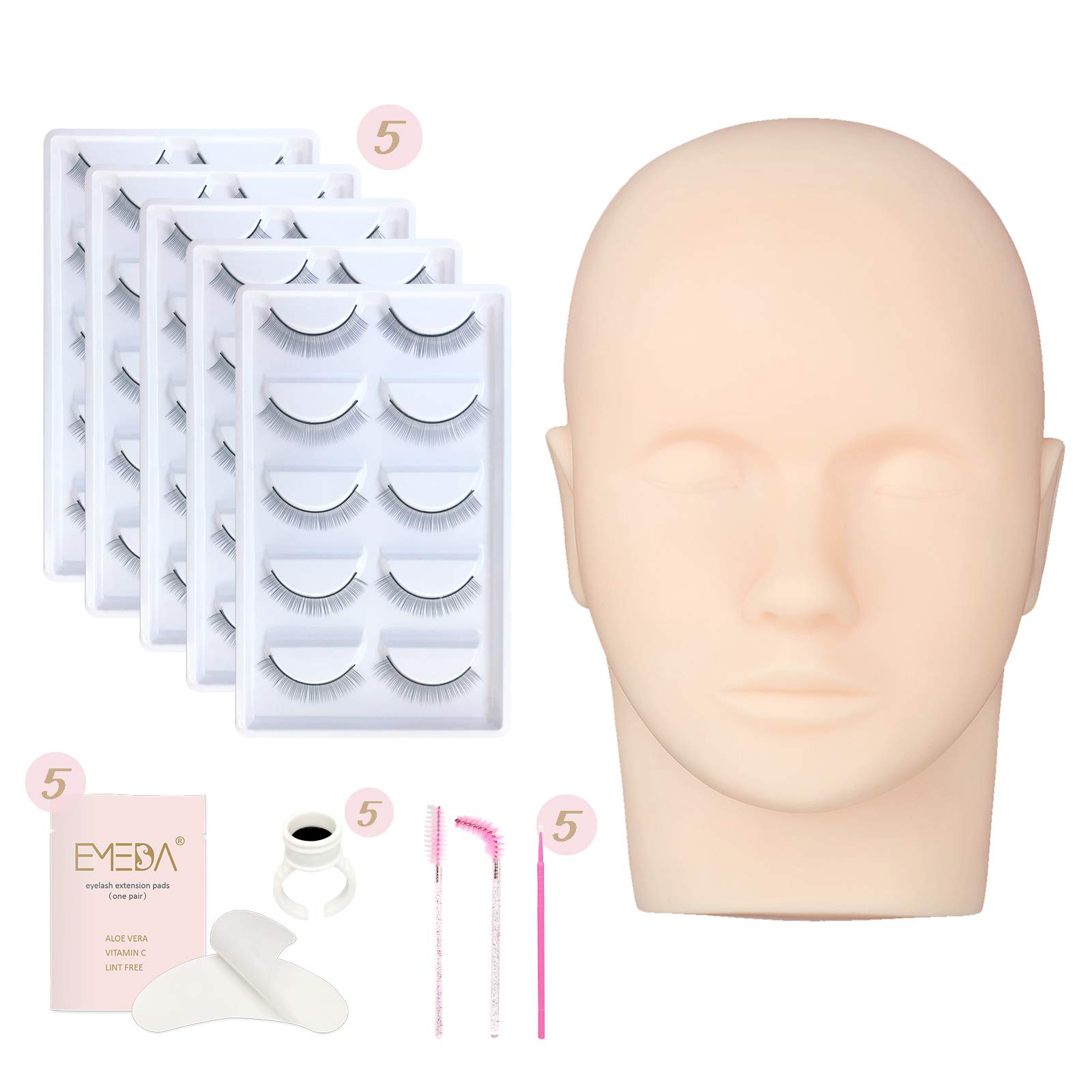 EMEDA Lash Mannequin Head Pratice Kit with 25 Pairs Pratice Strip Lashes for Training Eyelash Extensions Eyelash Mannequin Head Set with 20PCS Gift