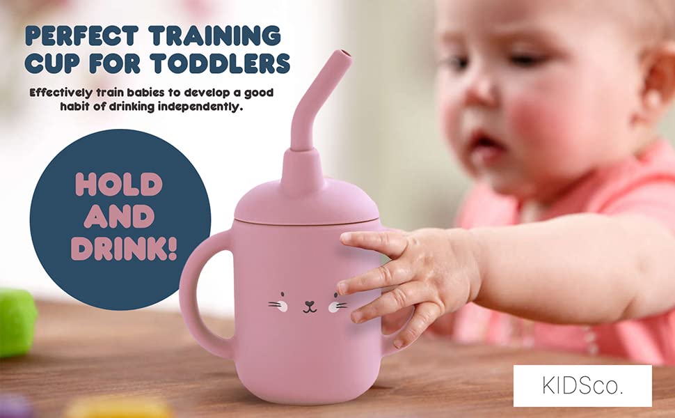 KIDSco. Silicone Baby Cup with Straw - Sippy Cup for 1 Year Old - Unbreakable Toddler Cups Spill proof - 100% Silicone Training Cup for Infants+toddlers - Sippy Cup with Handles (Bear)