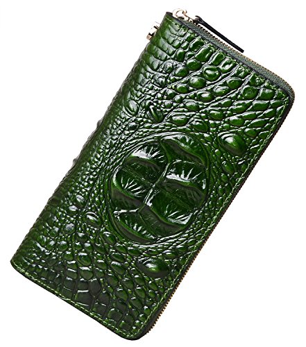 PIJUSHI Wristlet Wallet Crocodile Leather Wallets for Women Ladies Clutch Purse (1058 Green)