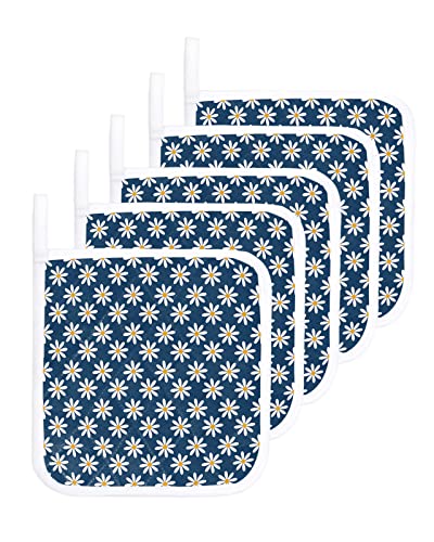 Floral Potholders Set Kitchen Heat Resistant Cotton Coasters Hot Pads Pot Holders Set of 5 for Everyday Cooking and Baking 8 x 8 Inch - Graphic Daisy Blossoms on Blue Background