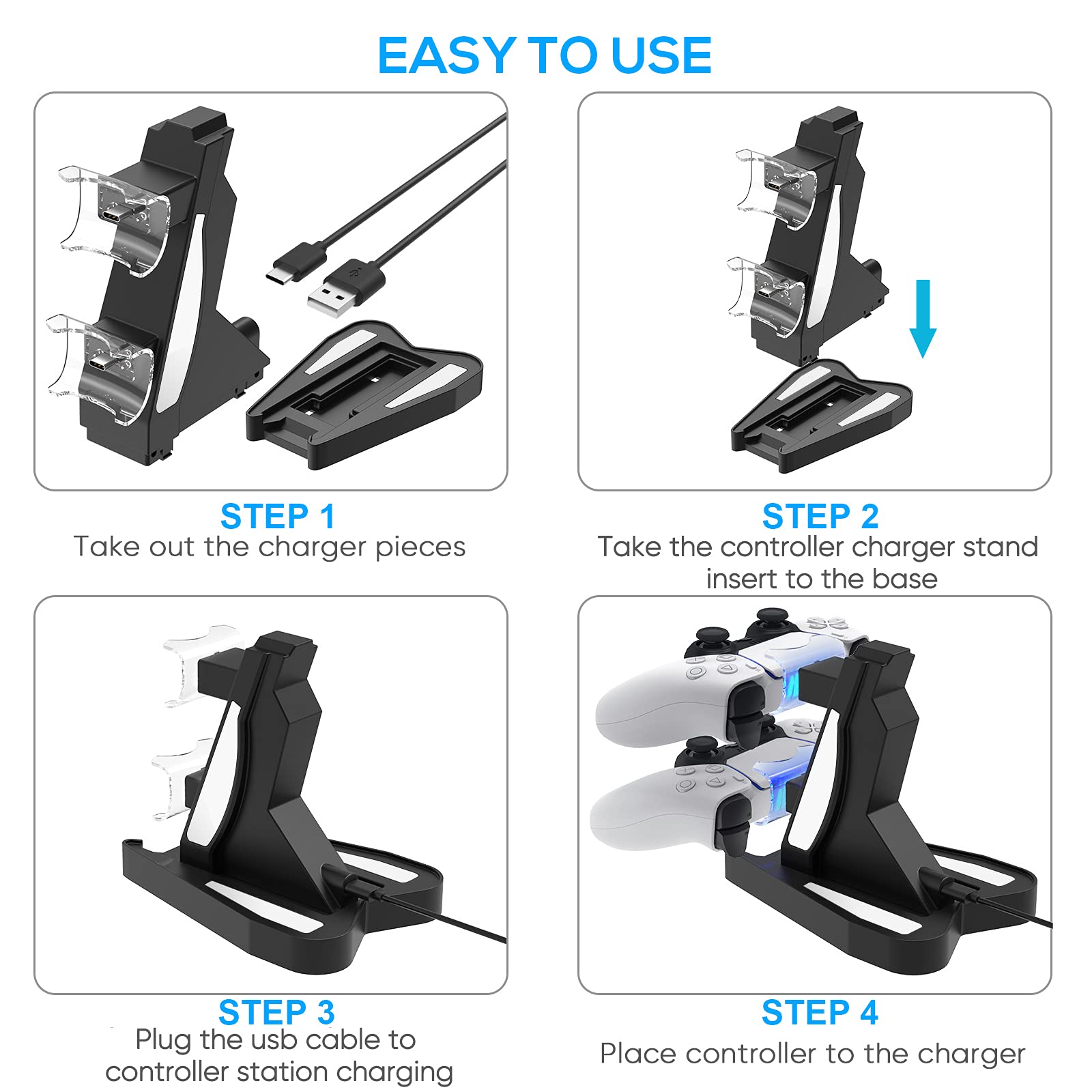 Dual Charge Controller Charger for PS5 - Auarte Controller Charging Dock Station Stand Compatible with Playstation 5, Dual USB Fast Charging Station & LED Indicator for DualSense Controllers, White