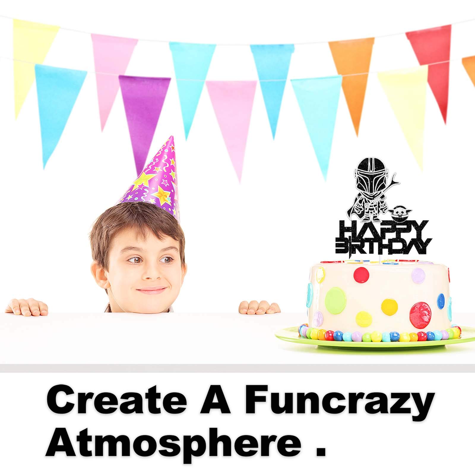 Space Cake Topper Happy Birthday Cartoon Cute Alien Theme Black Glitter Decor for Baby Shower Birthday Party Decorations Supplies